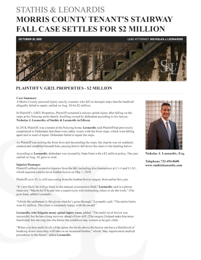 Attorney Leonardis Secures $2 Million for Stairway Fall Injury